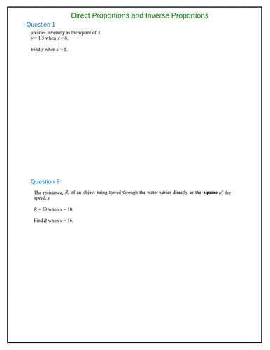 Year 9-Worksheet-Direct Proportions and Inverse Proportions-Questions ...