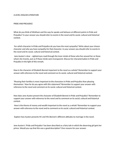 A LEVEL ENGLISH LITERATURE JANE AUSTEN'S "PRIDE AND PREJUDICE" exam ...