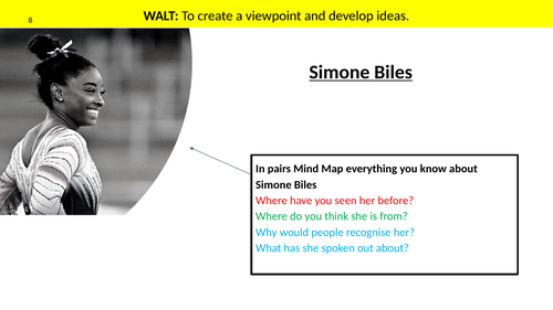 Simone Biles/ Piers Morgan. Identify viewpoint. One off/ cover lesson ...