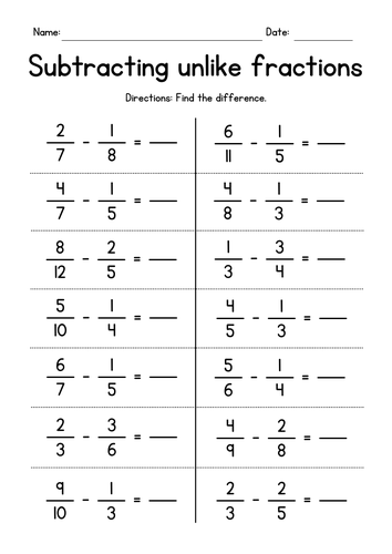 Subtracting Unlike Fractions Worksheets | Teaching Resources Subtracting Unlike Fractions Worksheets | Teaching Resources