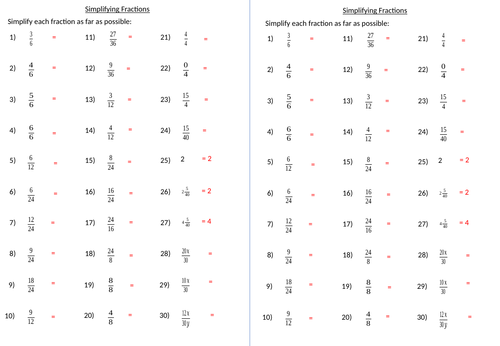 Simplifying Fractions Minimally Different Questions Teaching Resources