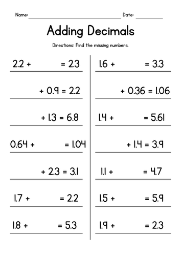 Adding Decimals with Missing Numbers | Teaching Resources