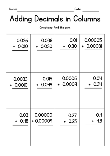 Adding Decimals In Columns Worksheets Teaching Resources