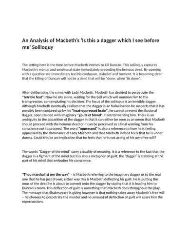 A* GCSE ENGLISH LITERATURE Macbeth - DAGGER SPEECH | Teaching Resources