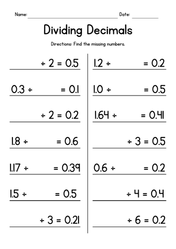 Dividing Decimals by Whole Numbers - Missing Numbers | Teaching Resources