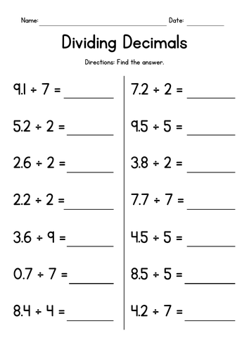 Dividing Decimals by Whole Numbers Worksheets | Teaching Resources