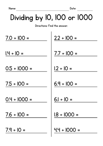Dividing Decimals by 10, 100 or 1,000 | Teaching Resources