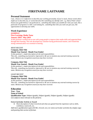 Student CV Templates | Teaching Resources