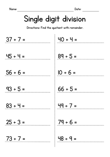 Single-Digit Division (with remainder) | Teaching Resources