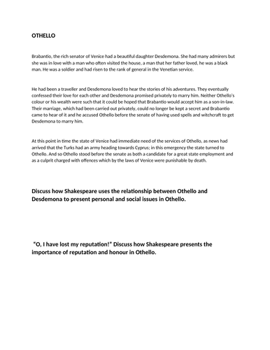 Home School Resource - a synopsis of the plot of OTHELLO as an ...