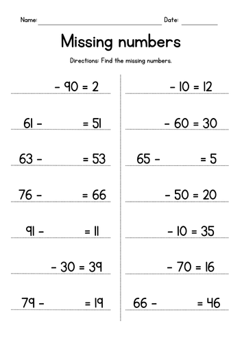Subtracting Whole Tens From A 2 Digit Number Missing Numbers Teaching Resources