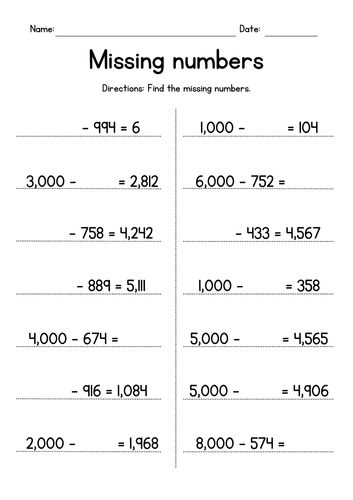 Subtracting 3-Digit Numbers from Whole Thousand (missing numbers ...