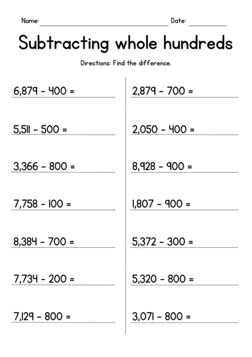 Subtracting Whole Hundreds from 4-Digit Numbers | Teaching Resources