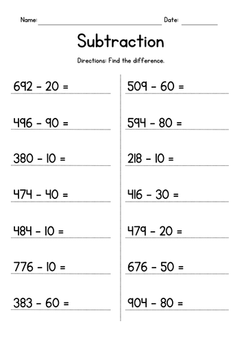 Subtracting Whole Tens from 3-Digit Numbers | Teaching Resources
