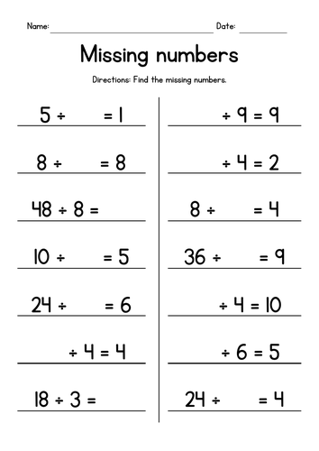 Division Facts - Missing Numbers | Teaching Resources
