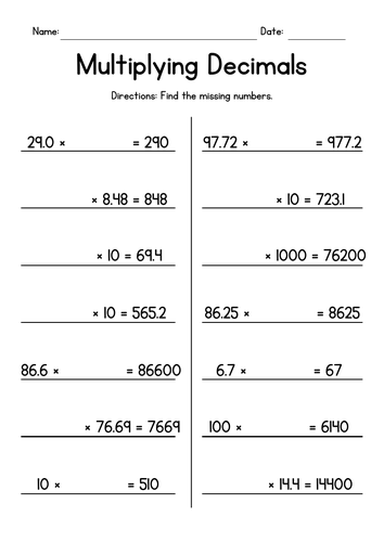 Multiplying Decimals by 10, 100 or 1,000 with Missing Factors ...