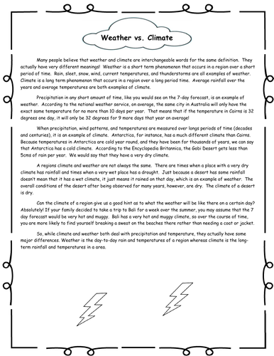 Weather Comprehension Worksheets