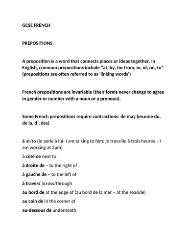 A level French Lesson Plan / Revision Aid French Prepositions ...