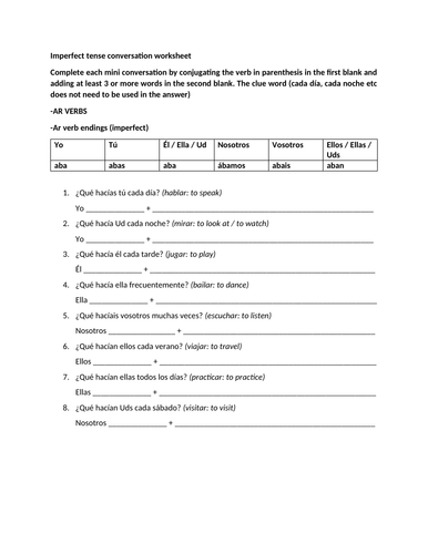 Imperfect tense conversation worksheet | Teaching Resources