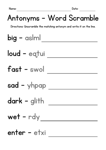 Antonyms Word Scramble Worksheets | Teaching Resources