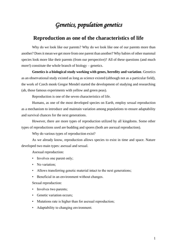 Genetics and population genetics workbook | Teaching Resources