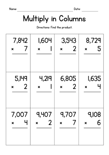 Multiplying in Columns (4-Digit by 1-Digit) | Teaching Resources