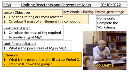 Limiting reactants and percentage mass A LEVEL | Teaching Resources