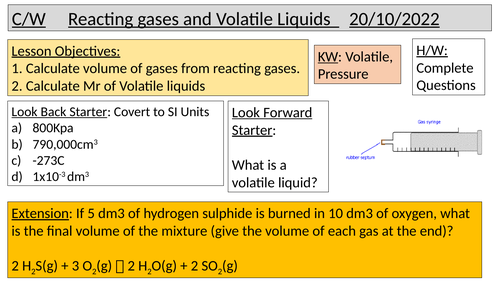 Reacting gases and volatile liquids A LEVEL | Teaching Resources