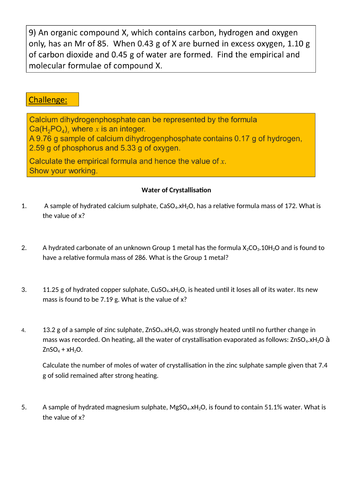 Combustion and hydrated salts A LEVEL | Teaching Resources