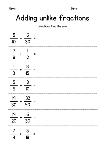 Adding Unlike Fractions Worksheets | Teaching Resources