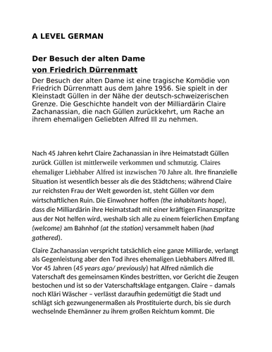 A synopsis of Der Besuch der alten Dame - GERMAN A LEVEL revision ...