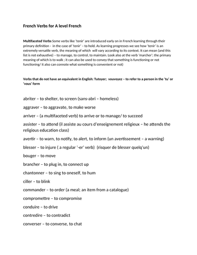 A LEVEL FRENCH REVISION - ambitious verbs; including multifaceted verbs ...