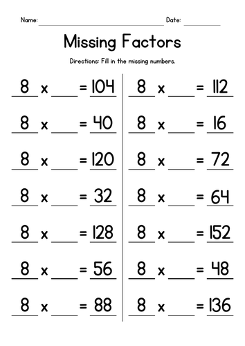Multiplication Tables of 8 - Missing Factors | Teaching Resources