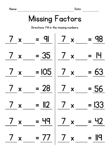 Multiplication Tables of 7 - Missing Factors | Teaching Resources