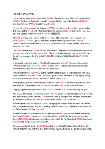 Hamlet Cloze with answers (using the Animated Tales version) | Teaching ...