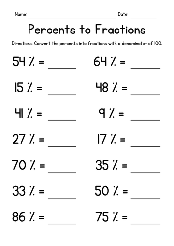Converting Percents to Fractions Worksheets | Teaching Resources