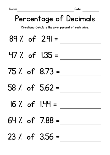 Percentage of Decimals Worksheets | Teaching Resources