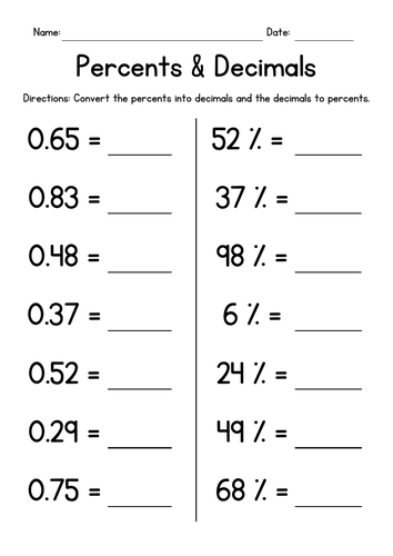 Changing Percent To Decimal Worksheet