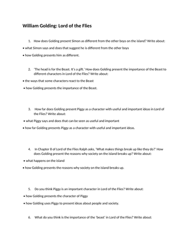 GCSE ENGLISH LITERATURE - WILLIAM GOLDING- LORD OF THE FLIES -bank of ...