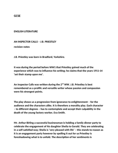 Extensive Revision Notes on J.B. Priestley's An Inspector Calls - GCSE ...