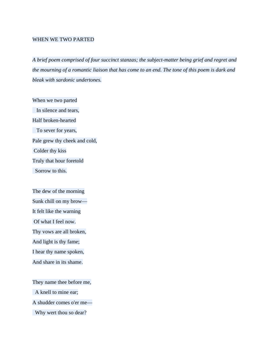 When We Two Parted poem by Lord Byron GCSE ENGLISH LITERATURE A* ...