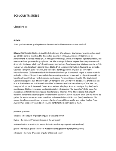 Revision Notes Bonjour Tristesse A LEVEL FRENCH A* | Teaching Resources