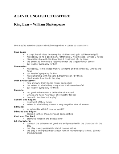 Bank of Examination Questions on Shakespeare's KING LEAR - A LEVEL ...