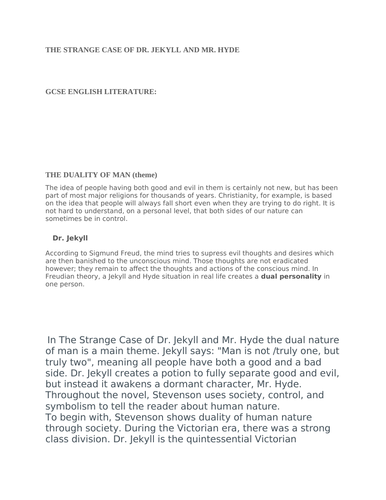 Revision Notes GCSE ENGLISH LITERRATURE "The Strange Case of Dr. Jekyll ...