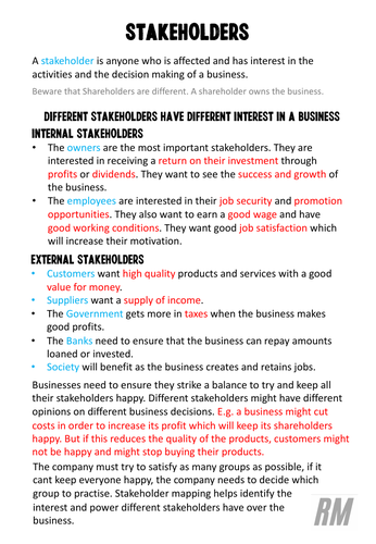 Stakeholders Business Revision Sheet | Teaching Resources