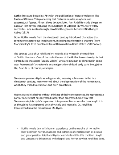 GCSE REVISION 'Dr. Jekyll and Mr. Hyde' - the gothic element | Teaching ...