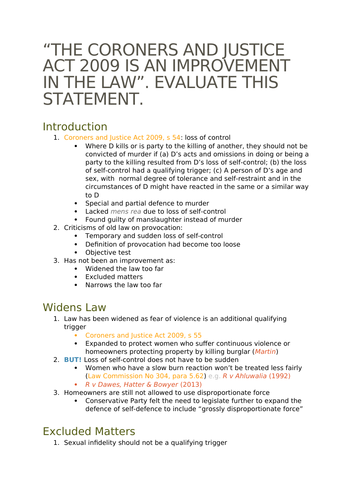 A Level Law Voluntary Manslaughter Evaluation Model Plan