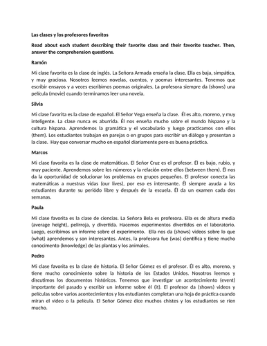 Reading las clases y los profesores favoritos | Teaching Resources
