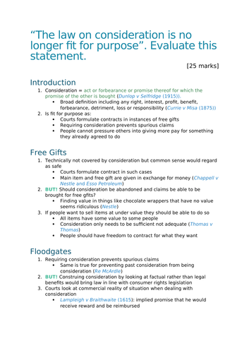A-Level Law: Consideration Evaluation Essay + Model + Plan | Teaching ...