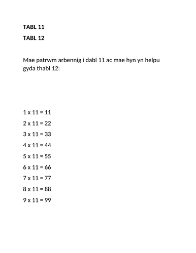 Cyfnod Sylfaen2 Blwyddyn 3 a 4 Mathemateg tablau 11 a 12 | Teaching Resources